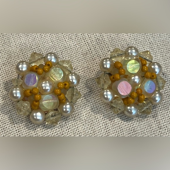 West Germany | Jewelry | 3 Vintage W Germany Clip Earrings Cluster Ab Faceted Beads Faux Pearls ...